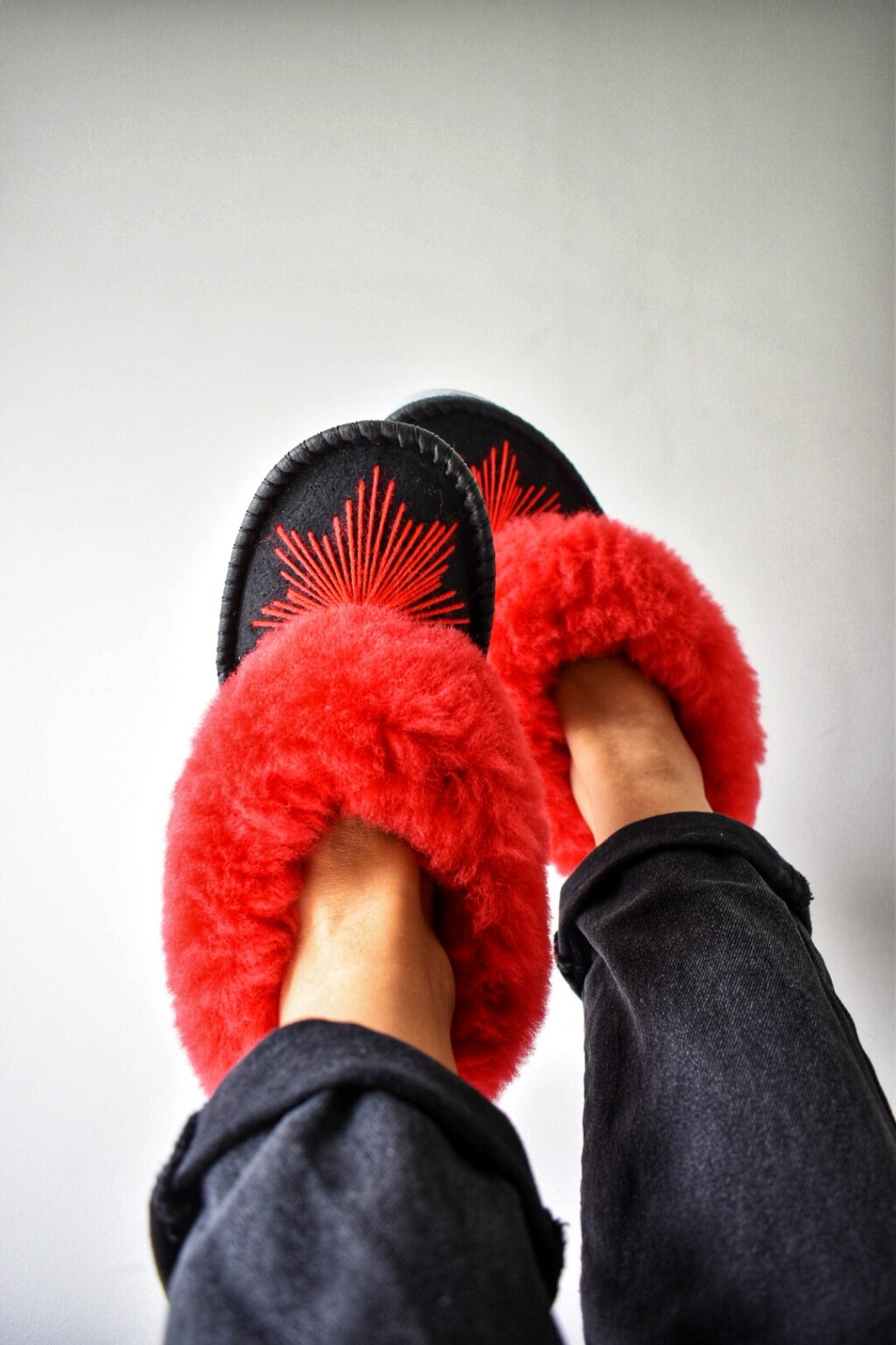 Red Sheepskin Moccasin Slippers - HomieeStudio